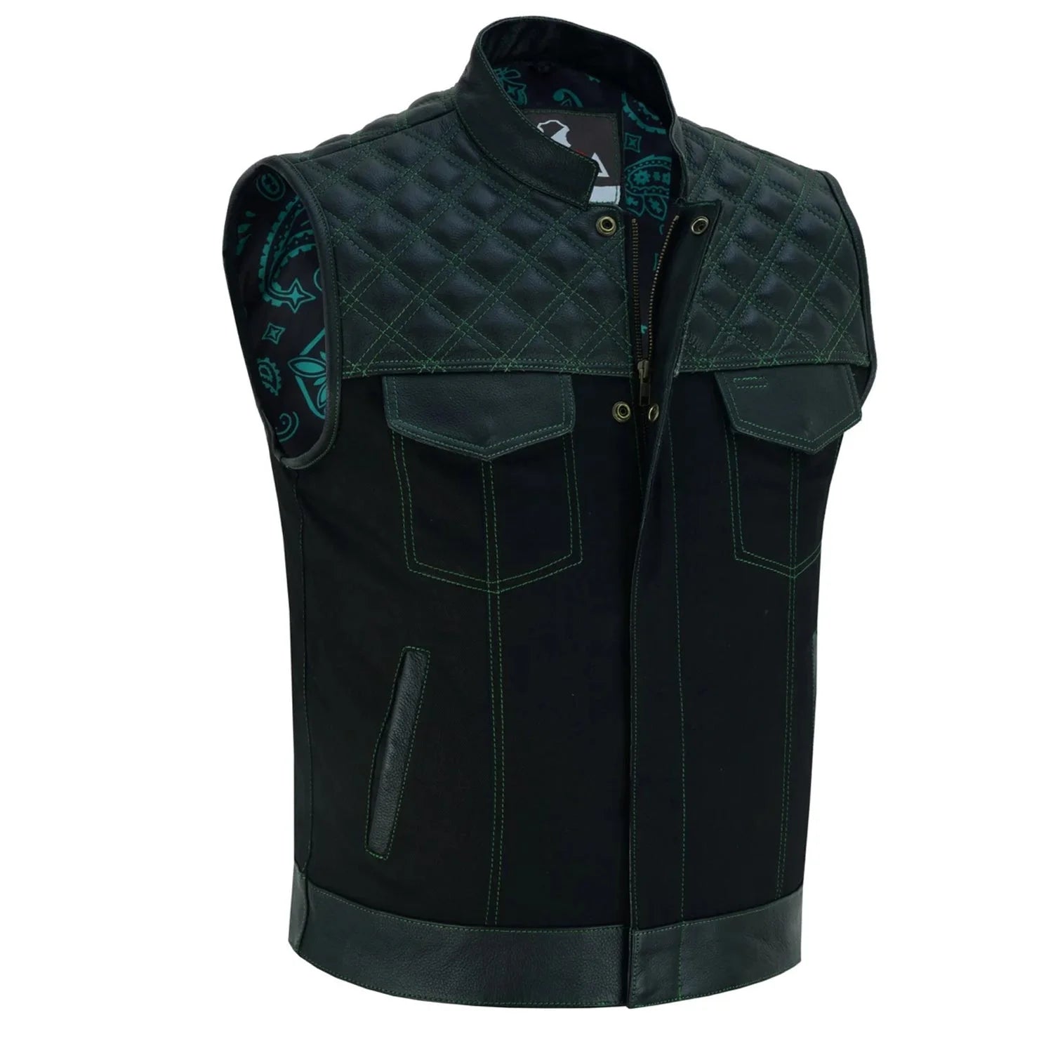 Mens Black Denim Motorcycle Vest Gun Pocket - Green Lining – LESA ...